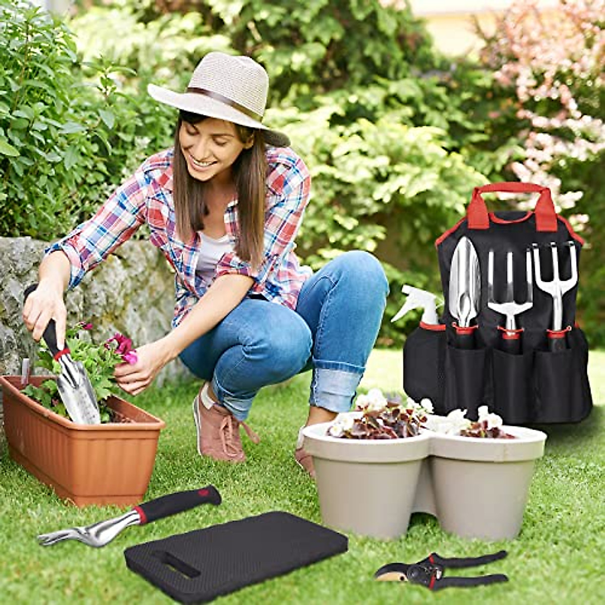 MECHREVO 10 Pcs Garden Tool Set, Sturdy Gardening Tool Set for Beginner and Gardener, with Durable Tote Bag, Comfortable Ergonomic Handle, Ideal Gardening Gift for Women and Men, Easy to Use