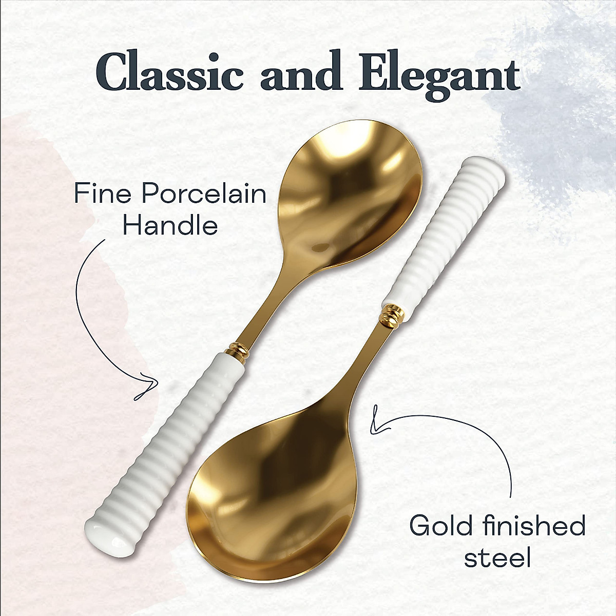 Portmeirion Sophie Conran Gold Salad Server Set | 2-Piece Flatware Serving Utensil Set | 10-Inch | Stainless Steel | Matching Mixing Spoons | Kitchen Cooking Utensil