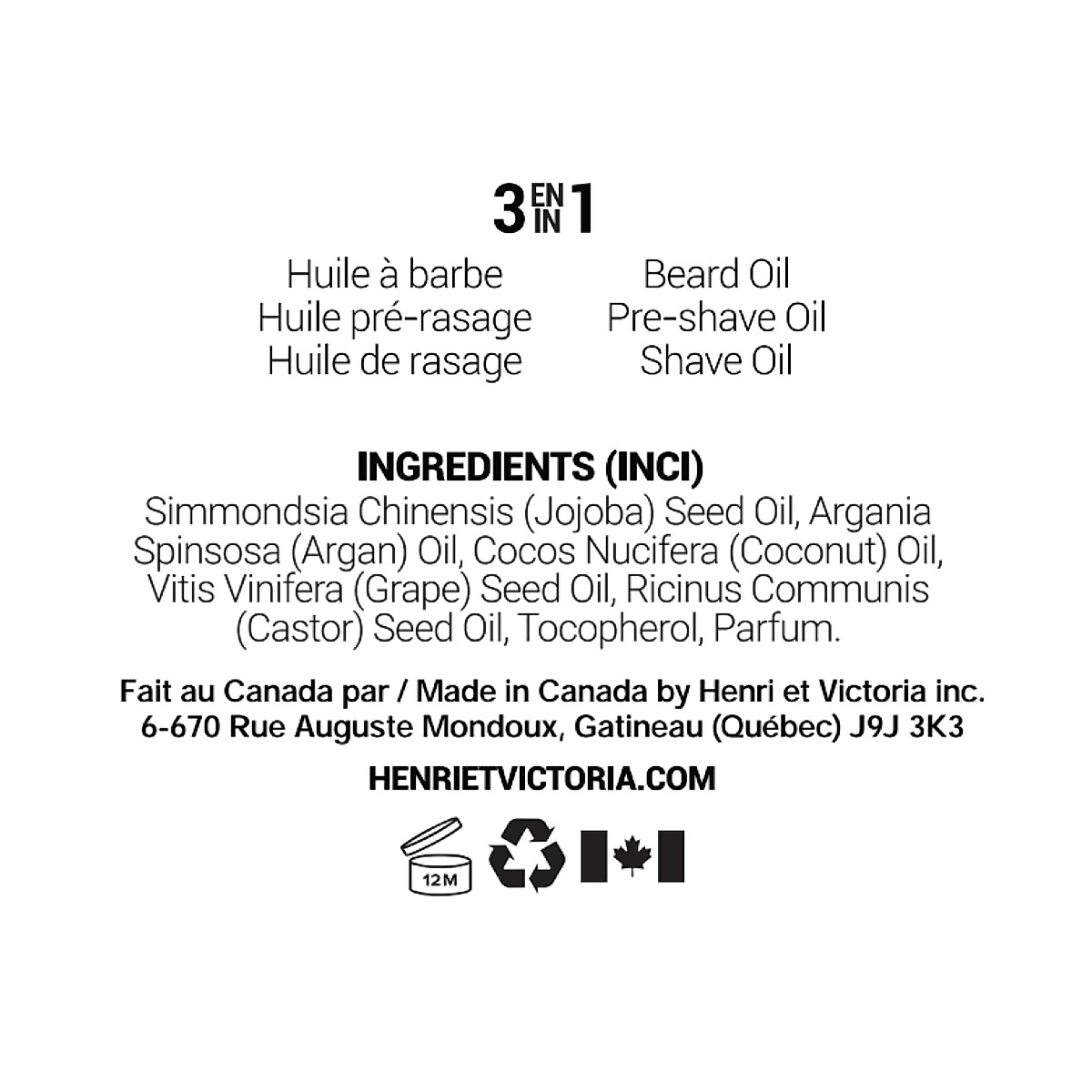 HENRI ET VICTORIA Beard Oil Cognac and Cuban Cigars Fragrance | Canadian Made by Skilled Artisan | Moisturizing, Non-Greasy, Natural Ingredients | 28g (1oz)