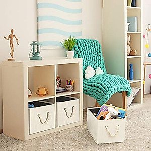 MaidMAX Cloth Storage Baskets, 14.4×10×8.4'', Shelf Basket, Collapsible Storage Bins with 2 Cotton Rope Handles, Bamboo Style Slubbed Fabric, Beige with Gray Lining, Set of 3