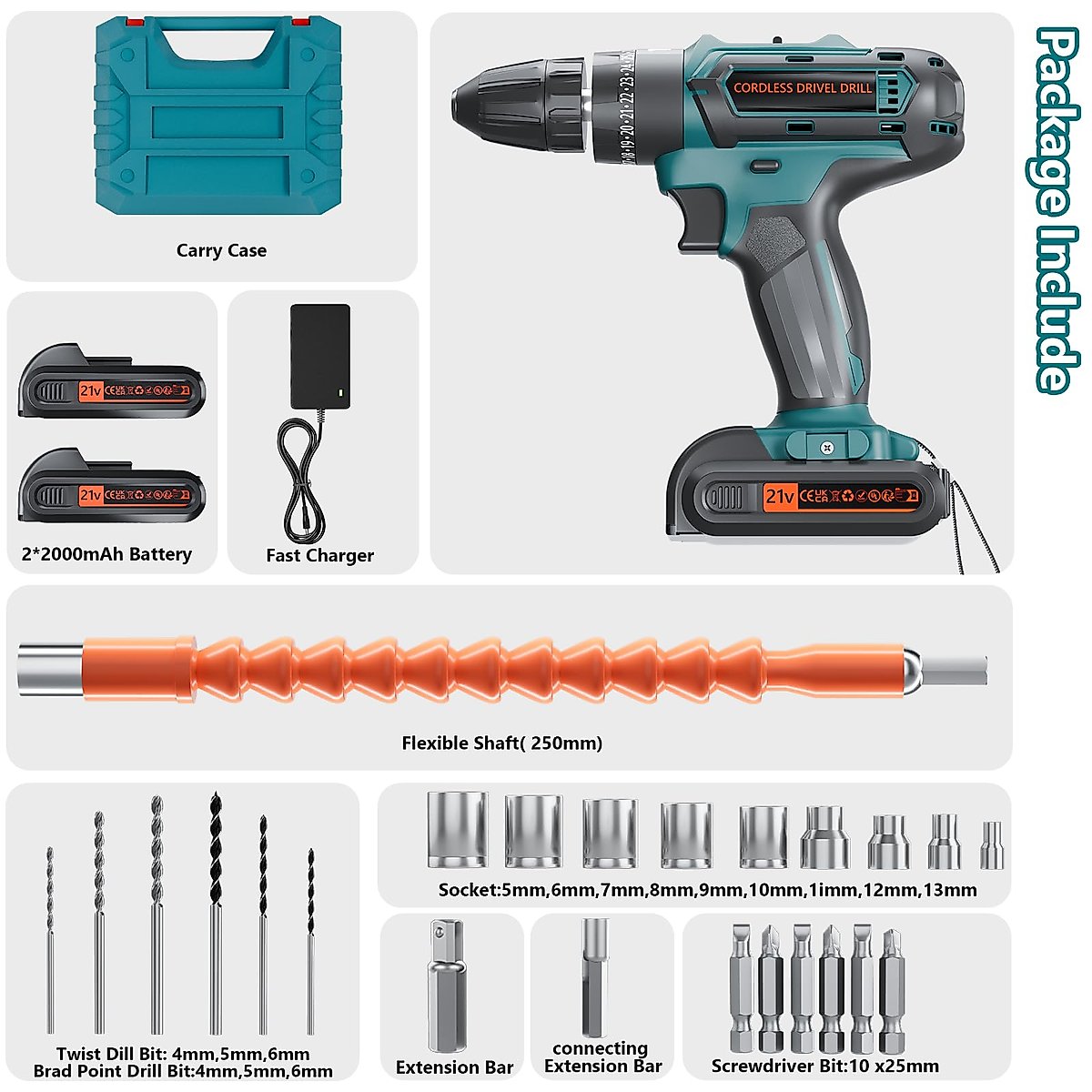 Cordless Power Drill Set with Battery and Charger,21V Cordless Drill Set, 25+3 Torque,2 Variable Speeds Electric Drill Set with 3/8'' Keyless Chuck,LED lights,2 Batteries