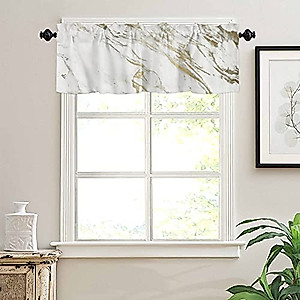 JasmineM Valances Curtains for Windows White Gold Marble Rod Pocket Kitchen Valance Scarf for Living Room Wild Symbol Short Window Treatment Drapes Curtain for Bedroom 60x18in