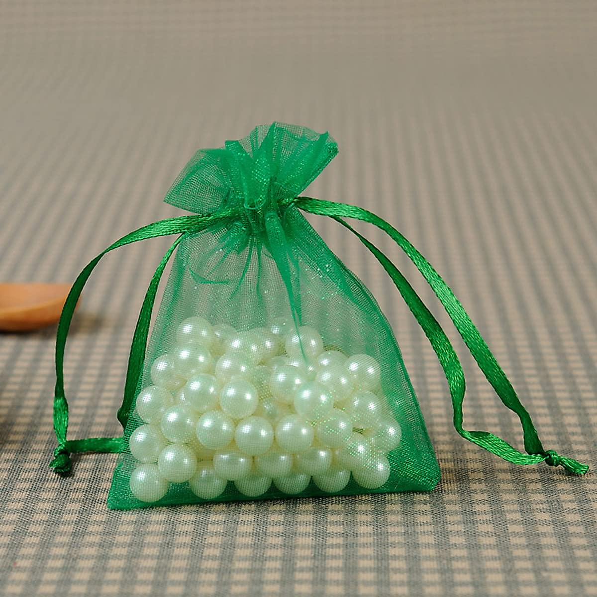 Dkrsyz Pack of 50 Gift Organza Bag Green Drawstring 4x6 Inch for Baby Shower,Christmas,Baby Boy Birthday,Party Favor,Wedding,Graduation,Hotel Room Decor Sheer Mesh Fabric Wrap Silk Sachet for Jewelry