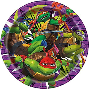 TMNT Teenage Mutant Ninja Turtles Birthday Party Supplies Bundle includes 16 Plates, 16 Napkins, 1 Table Cover, 16 Loot Bags, 16 Paper Masks, 8 Sticker Sheets, 1 Dinosaur Sticker Sheet