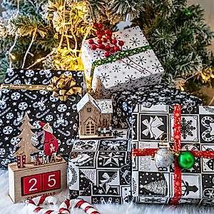 LeZakaa Christmas Wrapping Paper Mini Roll - Bell & Tree/Candy Canes/Snowflakes in Black & White for Gift Wrap, Arts Crafts - 17 x 120 inches - 3 Rolls (42.5 sq.ft.ttl.)