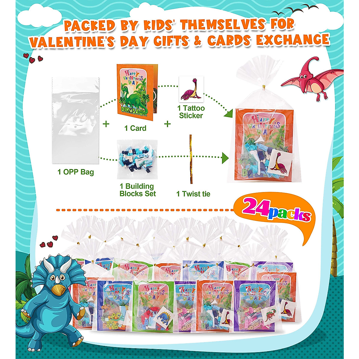 Colplay 24 Packs Valentines Day Gifts for Kids Classroom-Dinosaur Building Blocks with Valentines Day Cards for Kids School & Stickers, Exchange Valentines Party Favors Boxes for Kids Boys Girls