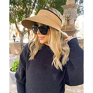 FURTALK Hat Straw Sun Visors, Summer Packable Ponytail Beach Hats for Women Travel UPF 50+ A Black