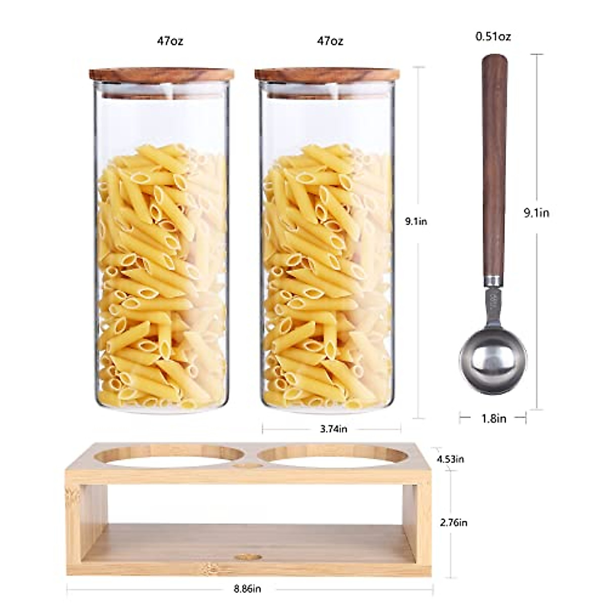 KKC HOME ACCENTS Airtight Glass Coffee Sugar Storage Containers with Wooden Lids and Scoops,Air Tight Sealed Glass Canisters with Spoons for Coffee,Loose Tea,Flour,Sugar,Grains,Oatmeal,47 Fl oz