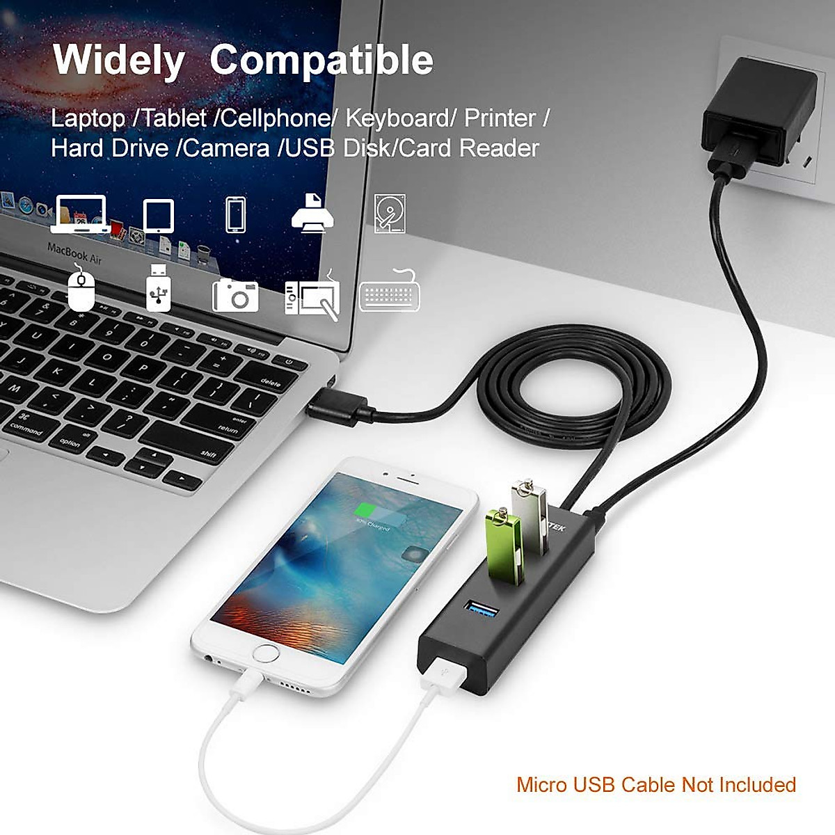 [Bundle] 4-Port USB 3.0 Hub Long Cable 48-inch with Micro USB Charging Port & QC3.0 Charging Station for Multiple Devices
