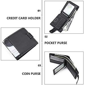 Amosfun Button Wallets for Men snap Wallet with Zipper Coin Pocket Mens Leather- Mens Wallet Buckle Stitching Wallet Coin- Purse Storage Bag (Black)
