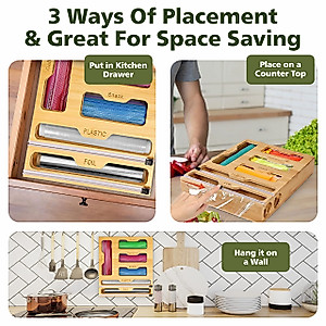 Ziplock Bag Storage Organizer for Kitchen Drawer, 6 in 1 Foil and Plastic Wrap Dispenser with Cutter, Bamboo Zip Lock Plastic Bag Baggie Organizer for Gallon, Quart, Sandwich, Snack 13" x 17" x 3.5"
