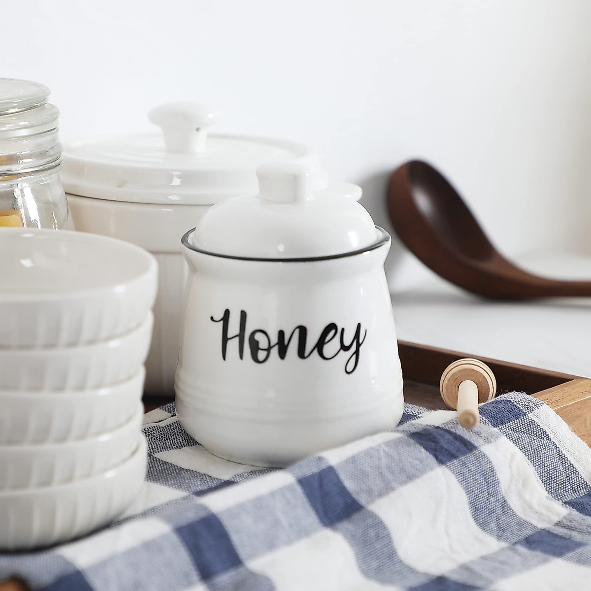 HAOTOP Farmhouse Porcelain Honey Jar with Dipper and Lid Set 12oz,Easy to Clean (White)