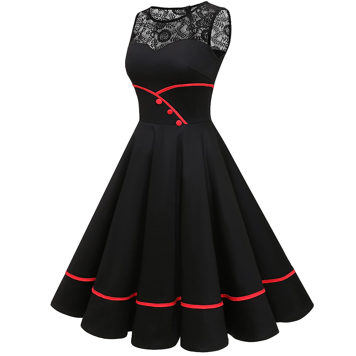 Bbonlinedress 50s Vintage Cocktail Semi Formal Homecoming Dress Swing Retro Black and Red Floral Lace Rockabilly Prom Tea Party Wedding Geust Dress Black S