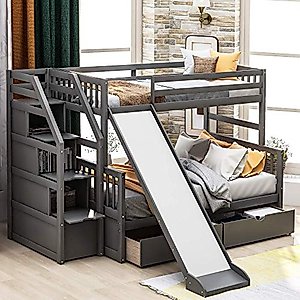 Harper & Bright Designs Twin Over Full Bunk Bed with Stairs and Slide , Multifunction Wood Bunk Bed with Storage, Gray