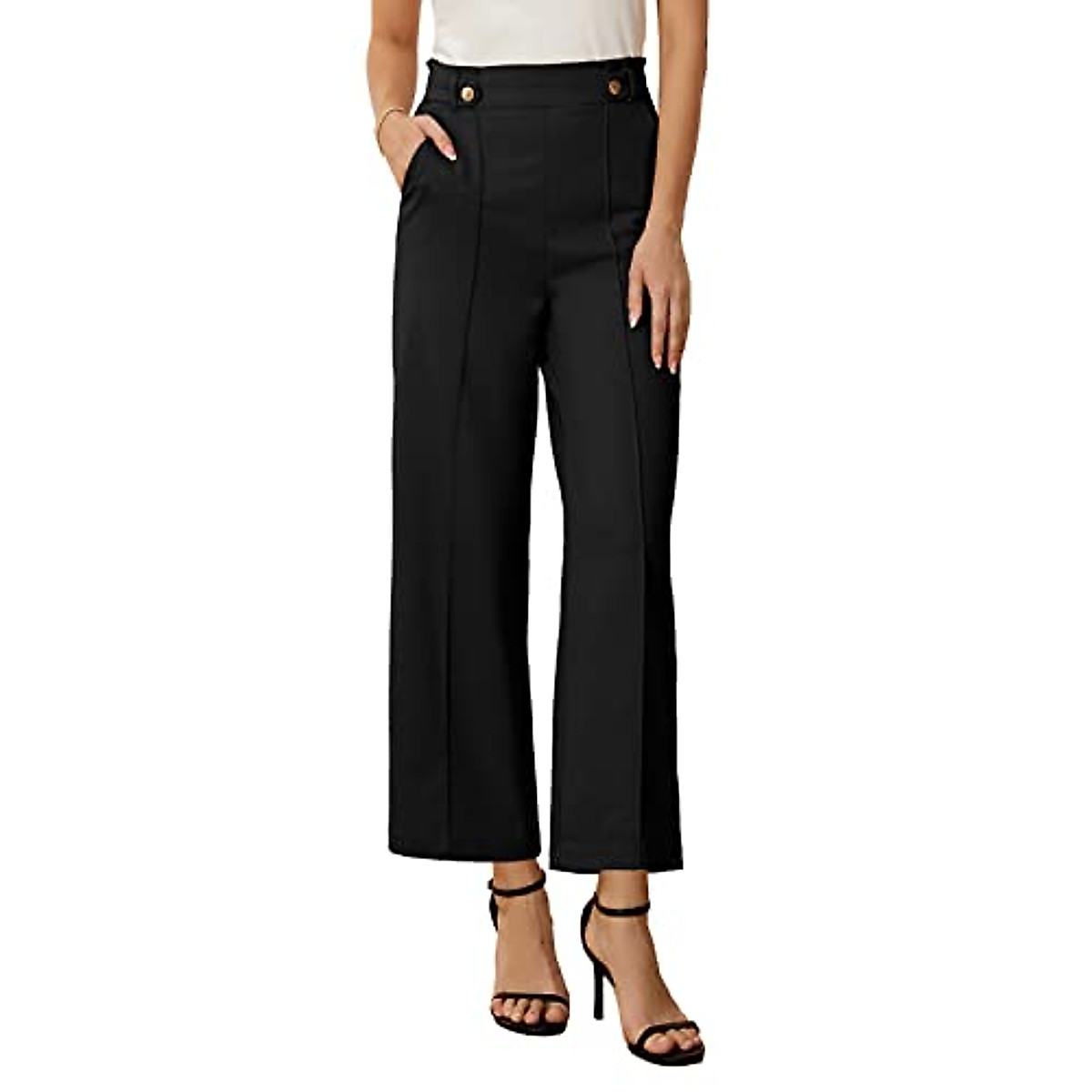 GRACE KARIN Women's Straight Leg Cropped Dress Pants Elastic High Waist Wide Leg Business Casual Slacks Capris with Pocket Black L