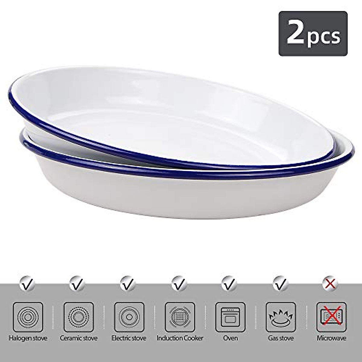 Webake 9.5 Inch Enamel Plates, 2 Pack Salad Pasta Bowls Enamelware Dinner Plates White Body with Blue Rim, Serving Trays for Dinner, Outdoor, Picnic, BBQ, Butter