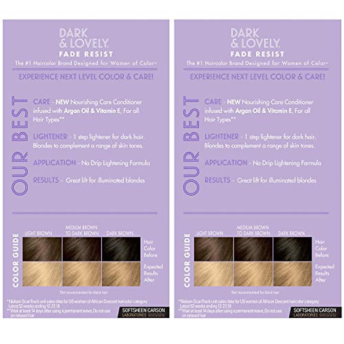 SoftSheen-Carson Dark and Lovely Fade Resist Rich Conditioning Hair Color, Permanent Hair Color, Up To 100 percent Gray Coverage, Brilliant Shine with Argan Oil and Vitamin E, Luminous Blonde, 2 Count