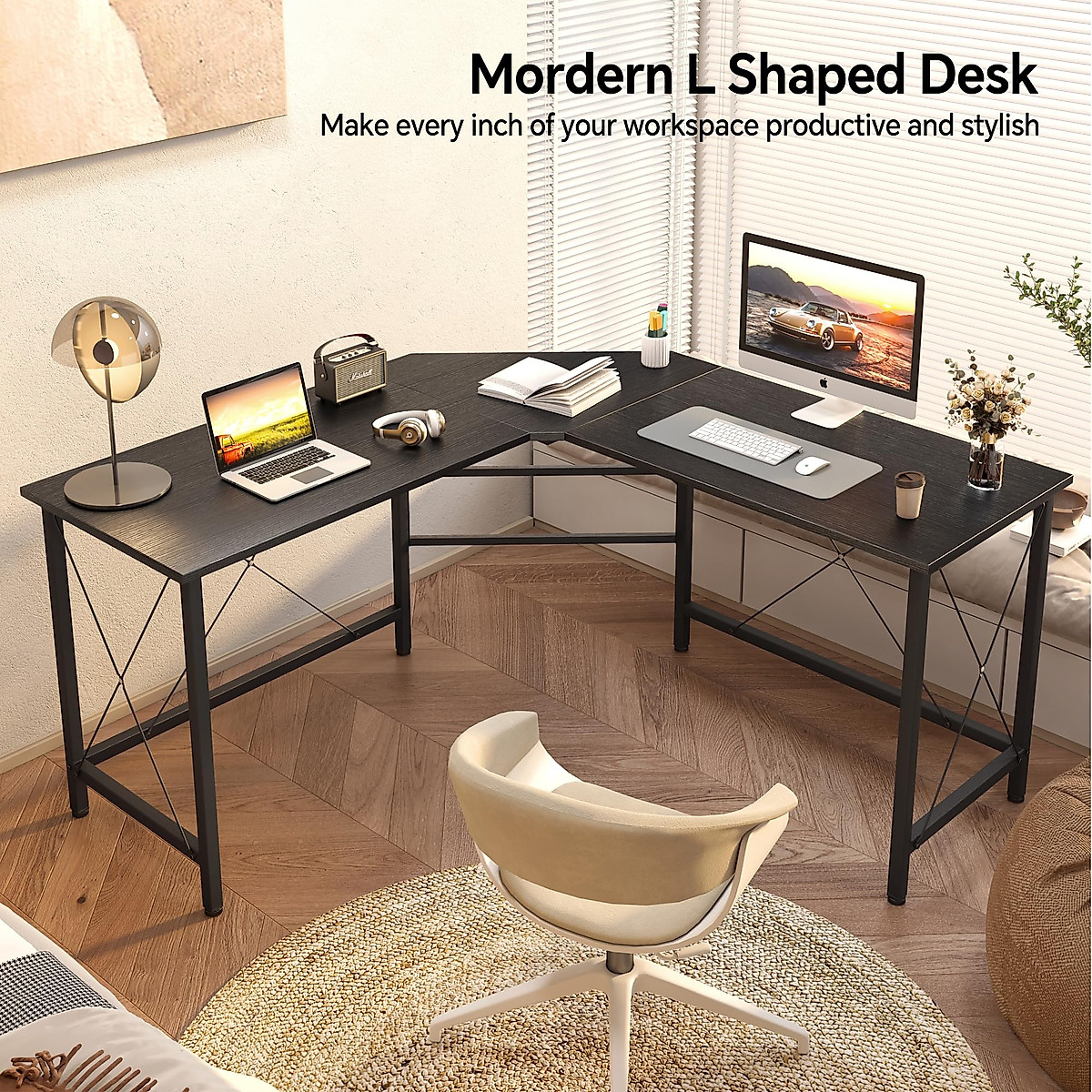 Mr IRONSTONE L Shaped Desk, 59" Computer Gaming Desk, Corner Desk for Home Office Desks, Easy to Assemble & Space-Saving Workstation Desk - Black