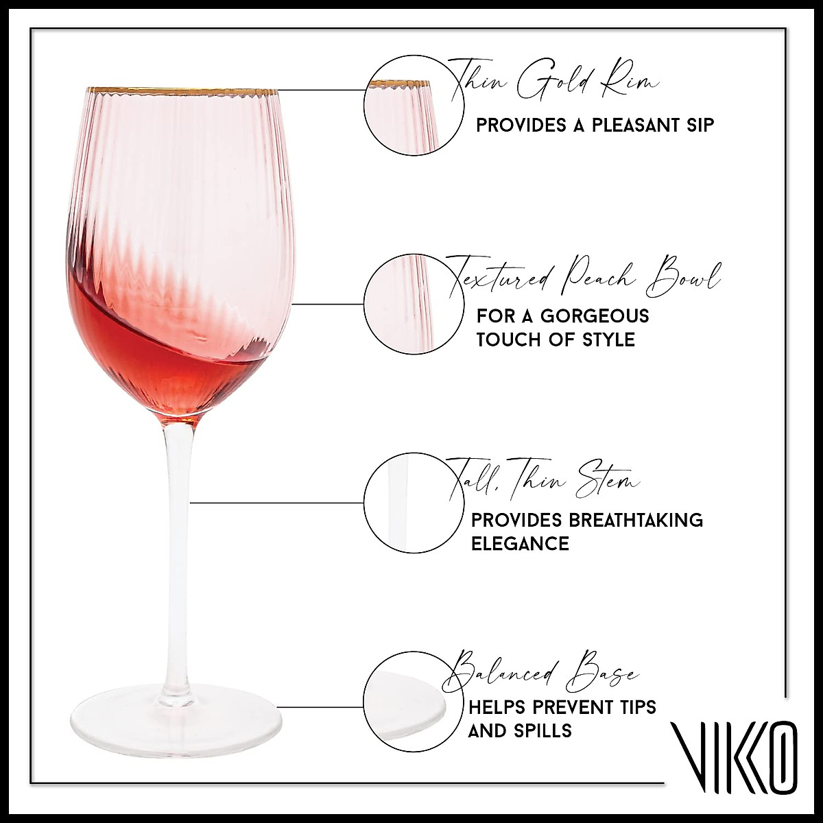 Vikko Décor Wine Glasses, Set of 2 Peach Blown Glass with Gold Rim, 11 Ounce Fancy Wine Glasses With Stem for Red and White Wine, Dishwasher Safe Goblets, Decorative Wine Glasses