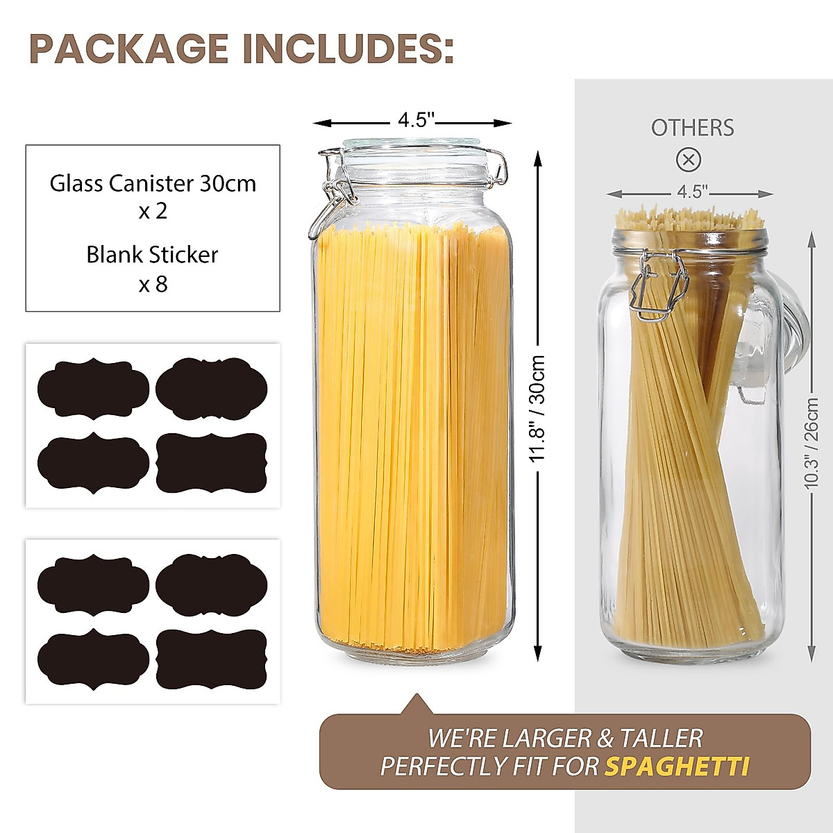 VITEVER [ Taller ] 92oz Glass Jars with Airtight Lid, Large Glass Food Storage Jars, 3 Pack Wide Mouth Airtight Glass Jars for Kitchen Pantry Spaghetti, Square Mason Jars with Labels