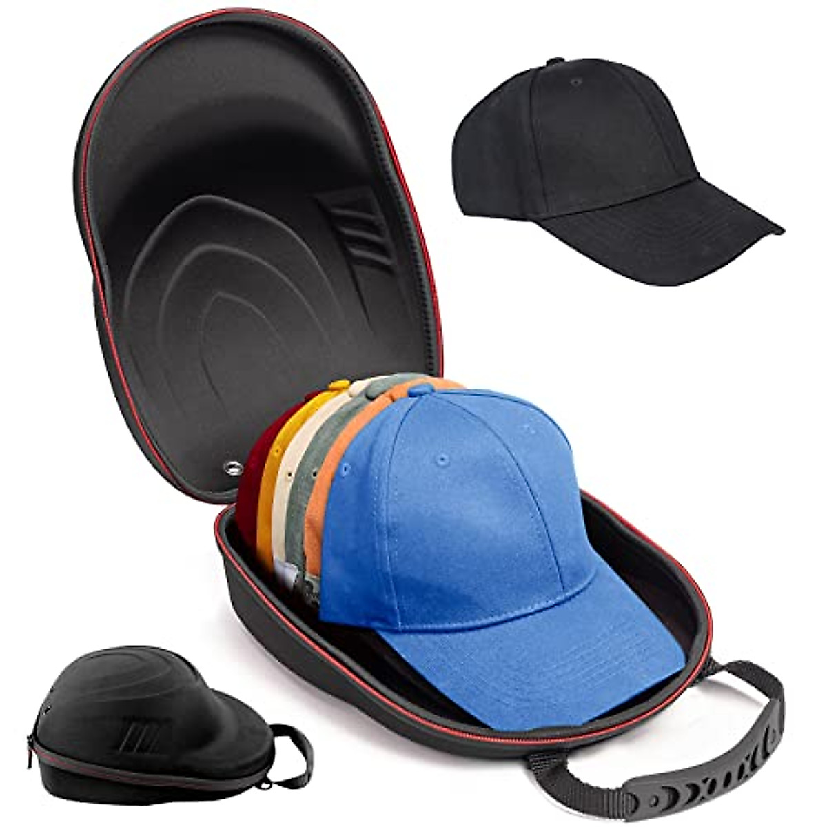 Hard Hat Case for Baseball Caps,Hat Carrier Travel Case with One Black Baseball Cap and Adjustable Shoulder Strap,Hat Organizer Holder Bag for 6 Baseball Caps (Black)