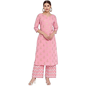 Janasya Women's Pink Foil Printed Cotton Kurta with Palazzo