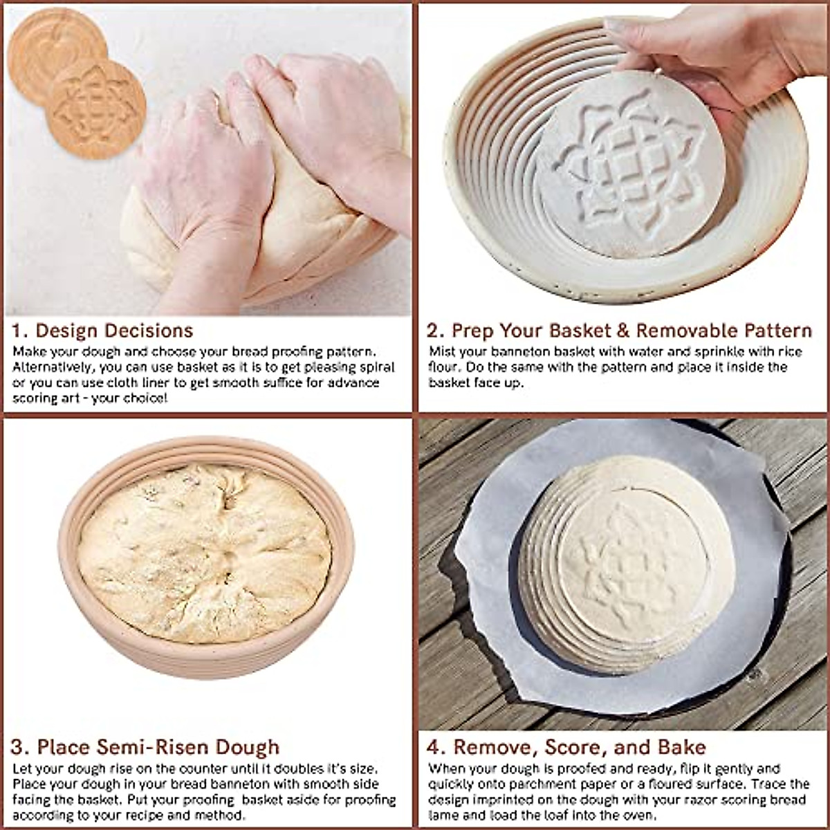 9 in Bread Proofing Basket Set - Make Sourdough Bread with our Banneton Basket and Removable Design Inserts Dough Scraper & Cloth Liner Gift for Bakers by Artizanka (Round Bottom Basket)