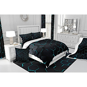 Honeycomb Hexagon Bedding Set,Geometry Duvet Cover for Kids Teen Boys Girls,Teal Neon Lights Comforter Cover Decorative Room,Modern Diamond Pattern Quilt Cover with 2 Pillowcases,Full Size