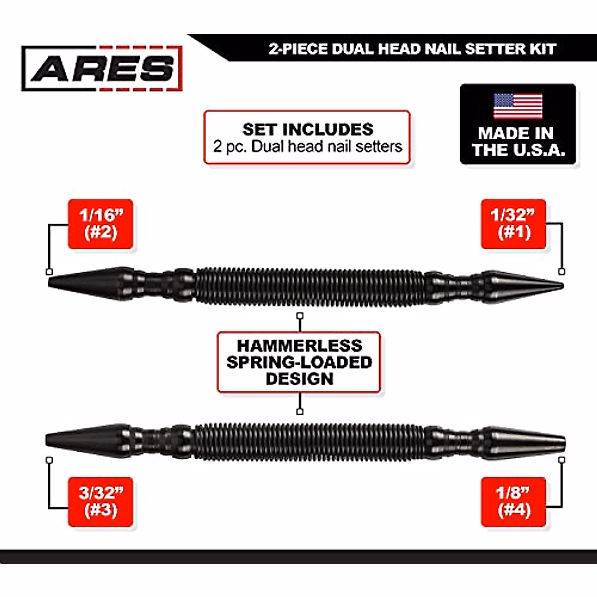 ARES 10013 – 2-Piece Dual Head Nail Setter Kit – Features 1/32-Inch (#1), 1/16-Inch (#2), 3/32-Inch (#3), and 1/8-Inch (#4) Dual Head Designs – CNC-Precision Machined – 5000 PSI Striking Force