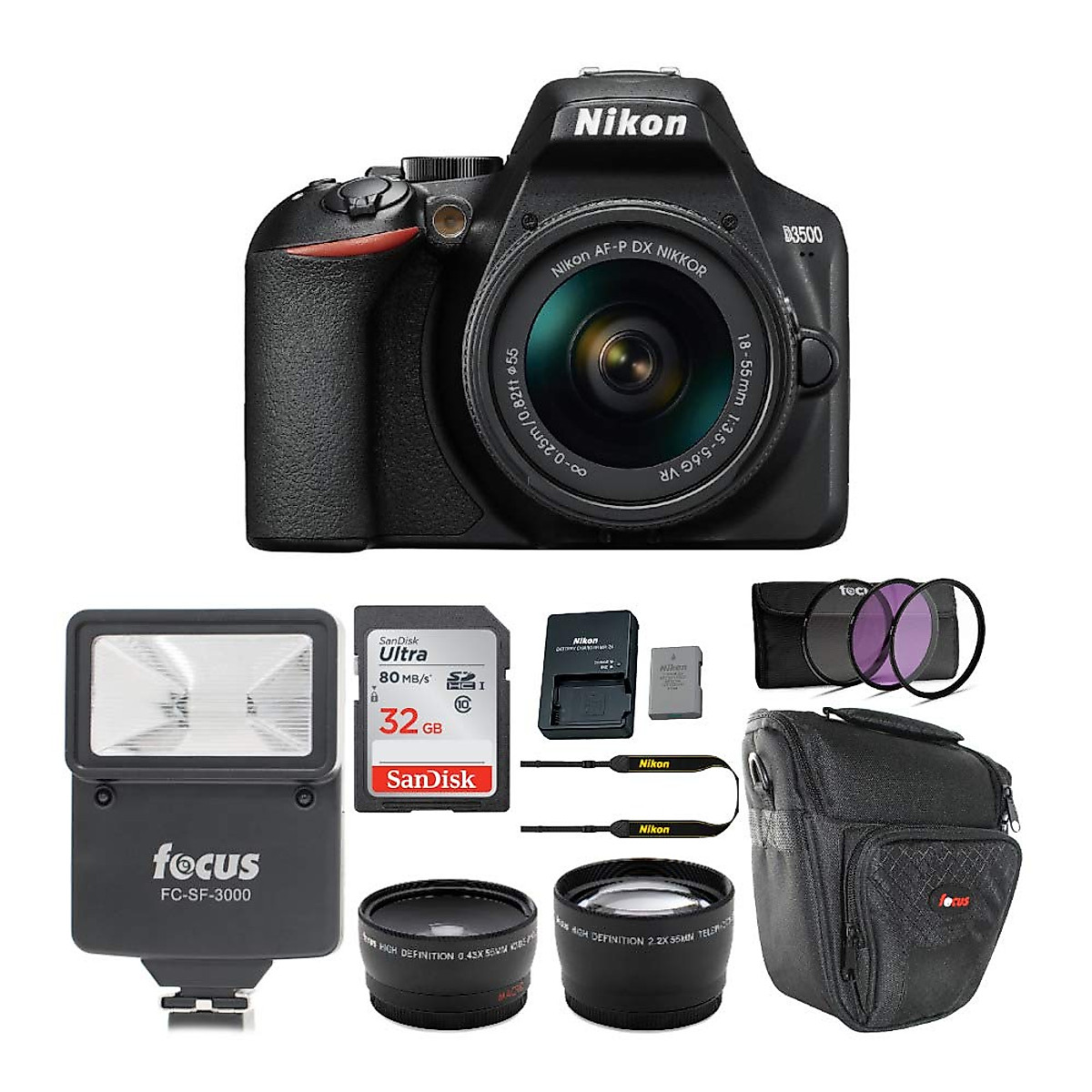 Nikon D3500 DSLR Camera with AF-P DX NIKKOR 18-55mm f/3.5-5.6G VR Lens- Bundle with DSLR Case, 32GB Card, Flash, Filters, Accessories