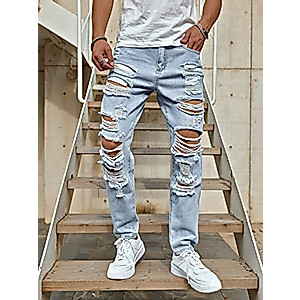 WDIRARA Men's High Waisted Ripped Skinny Jeans Long Denim Pants with Pocket Light Wash S