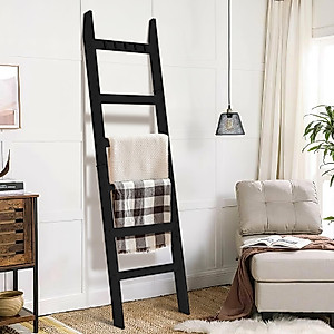 TEAKMAMA 6-Tier Blanket Ladder with Hooks, 5.4 Ft Wall Leaning Blanket Ladders for Living Room, Rustic Decorative Ladder for Blankets, Quilts, Farmhouse Decor Ladder Shelf, Easy to Assemble, Black