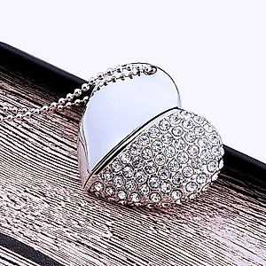 EcooDisk 128GB USB 3.0 Flash Drive Diamond Heart with Necklace Memory Stick High Speed Thumb Drive Jump Drive Data Storage Silver