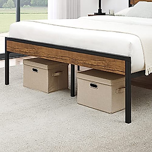 Alkmaar Bed Frame with Wood Headboard and Metal Slats Support Platform Bed Frame with Storage No Box Spring Needed (Queen) Black