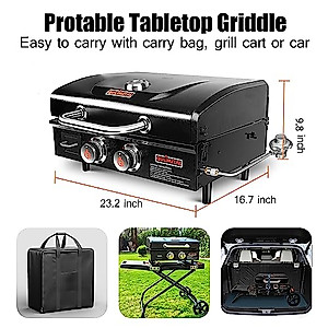 QuliMetal Table Top Grill Portable Griddle with Hood Non-Stick Flat Top Grill Griddle Propane Grill with Carry Bag 22 Inch,24,000 BTU,348 Sq,304 Stainless Steel Burner,Ceramic Coating for Outdoor Camping Party Tailgating