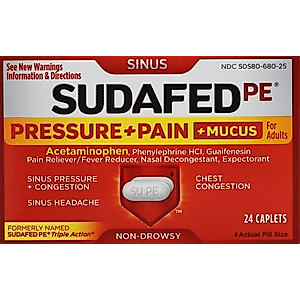 Sudafed PE Head Congestion + Mucus Relief Tablets for Sinus Pressure, Congestion, & Headache, Non-Drowsy Decongestant with Acetaminophen, Guaifenesin & Phenylephrine HCI, 24 ct