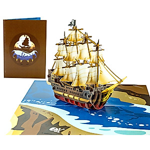 Pirate Ship - 3D Color Pop Up Greeting Card For All Occasions - Love, Birthday, Christmas, Good luck, Father's Day, Adventure, Travel - Message Note for Personalized - Thick Envelope, Fold Flat