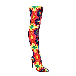 Liliana DB54 Women Suede Pointy Toe Thigh High Single Sole Stiletto Boot Gis-7B Rainbow Tie Dye 7.5