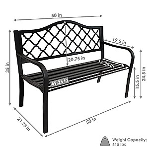 Sunnydaze Outdoor Patio Bench - 2-Person Outside Garden Park Bench Furniture - Durable Cast Iron Metal - Black Lattice Decorative Design - Outdoor Seating for Yard, Porch, Deck, Entryway or Backyard