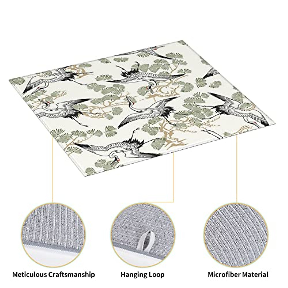 Japanese Crane & Pine Printed Drying Mat For Kitchen Ultra Absorbent Microfiber Dishes Drainer Mats Non-Slip Silicone Quick Dry Pad - 18 X 16inch