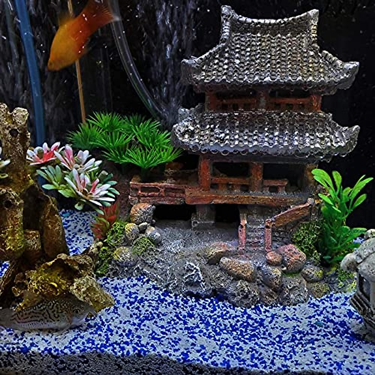 Classical Temple Aquarium Decorations Asian Castle Thematic Safe Resin Ornaments with Plastic Plants Small Fish House Hideout Decor Hiding Places for Freshwater and Saltwater Fish Tank Accessories