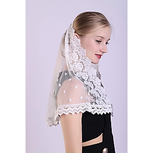 Grettytling Chapel Veil Embroidered Lace Mantilla Veil Head Covering Veils for Church，White