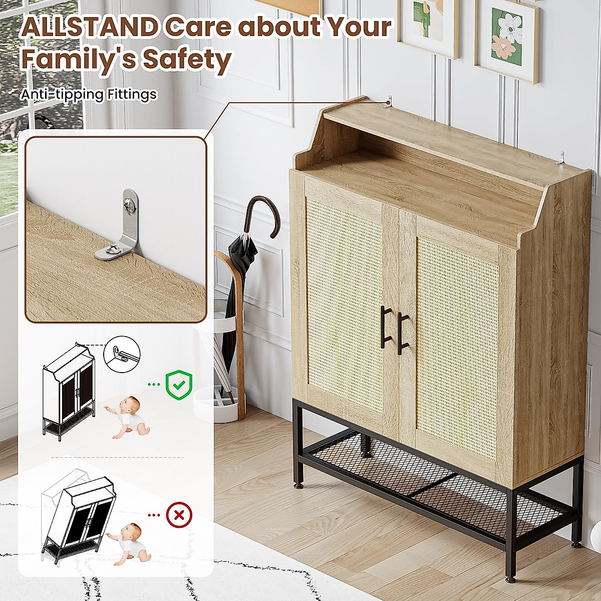 7-Tier Shoe Storage Cabinet with Rattan Doors, Shoe Rack Organizer Cabinet with Adjustable Shelves & Buffer Hinge, Freestanding Narrow shoe cabinet storage with Anti-tip Fitting for Entryway, Hallway