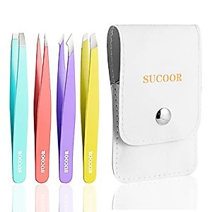 SUCOOR Tweezers Set - 4Pcs Professional Stainless Steel Tweezers, Best Precision Tweezers Set for Shaping Eyebrows, Great Beauty Tools for Facial Hair, Ingrown Hair, Blackhead Removal.(Multi-color)