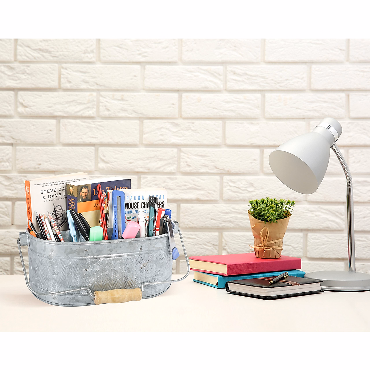 Rustic Fahmouse Galvanized Food Kitchen Utensil Holder, Picnic Drink Serveware Caddy, Multipurpose Vintage Storage Bin With Handle For Dining Table Bathroom Gardening- 12 Inch - Antique Silver