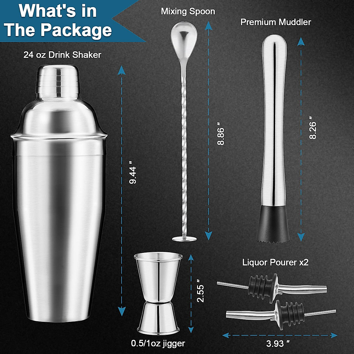 Martini Shaker 24 oz Cocktail Shaker Drink Bar Set by Hovikoki, Stainless Steel Professional Bartender Kit with Built-in Strainer Mixing Spoon&Jigger 2 Liquor Pourers Muddler and Manual Recipe