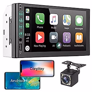Double Din Car Stereo Compatible with Carplay and Android Auto ，7 Inch 1080P HD Touch Screen Radio，Mirror Link, Backup Camera, Steering Wheel, Bluetooth, FM,USB/AUX Port. (Wired Carplay)