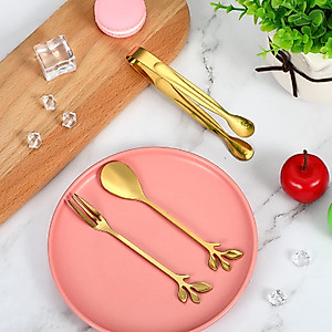 Leaf Coffee Spoons, Mini Serving Tongs and Appetizer Forks Stainless Steel Sugar Cube Tongs Dessert Spoons Metal Dinner Forks for Dessert Coffee Tea (20, Gold)