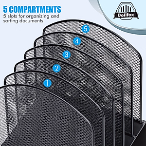 Delifox Inclined Desk File Organizer, 5-Section Vertical File Folder Holder Mail Sorter Stand Up Metal Rack for Office Classroom Desktop Organization