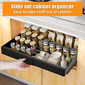 2 Pcs Pull Out Cabinet Organizer, Expandable(12.4"-20.5") Pull Out Drawers for Cabinets Slide Out Drawers for Kitchen Cabinets with Adhesive Nano Film Mounting Adjustable for Kitchen, Pantry (Black)